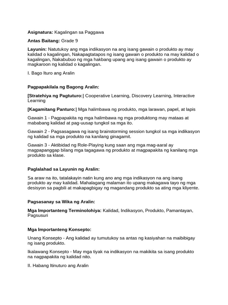Lesson - Planner KAGALINGAN SA PAGGAWA | PDF