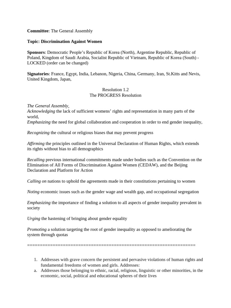 Global Resolution on Women's Rights | PDF | Economic Inequality ...