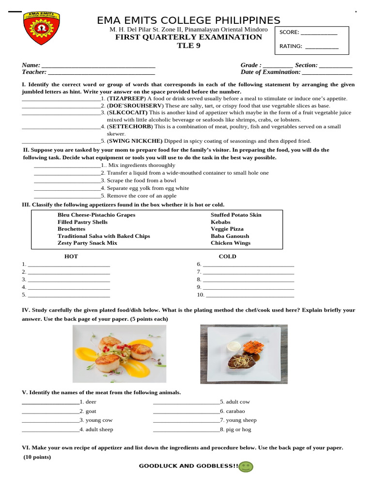 TLE 9 1st Quarterly Exam | PDF | Hors D'oeuvre | Food And Drink Preparation