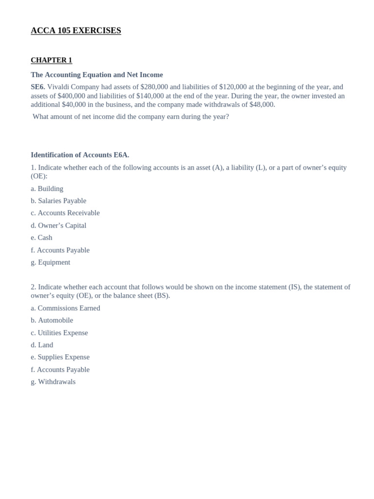 Acca 105 Exercises CH 1 and 2 | PDF