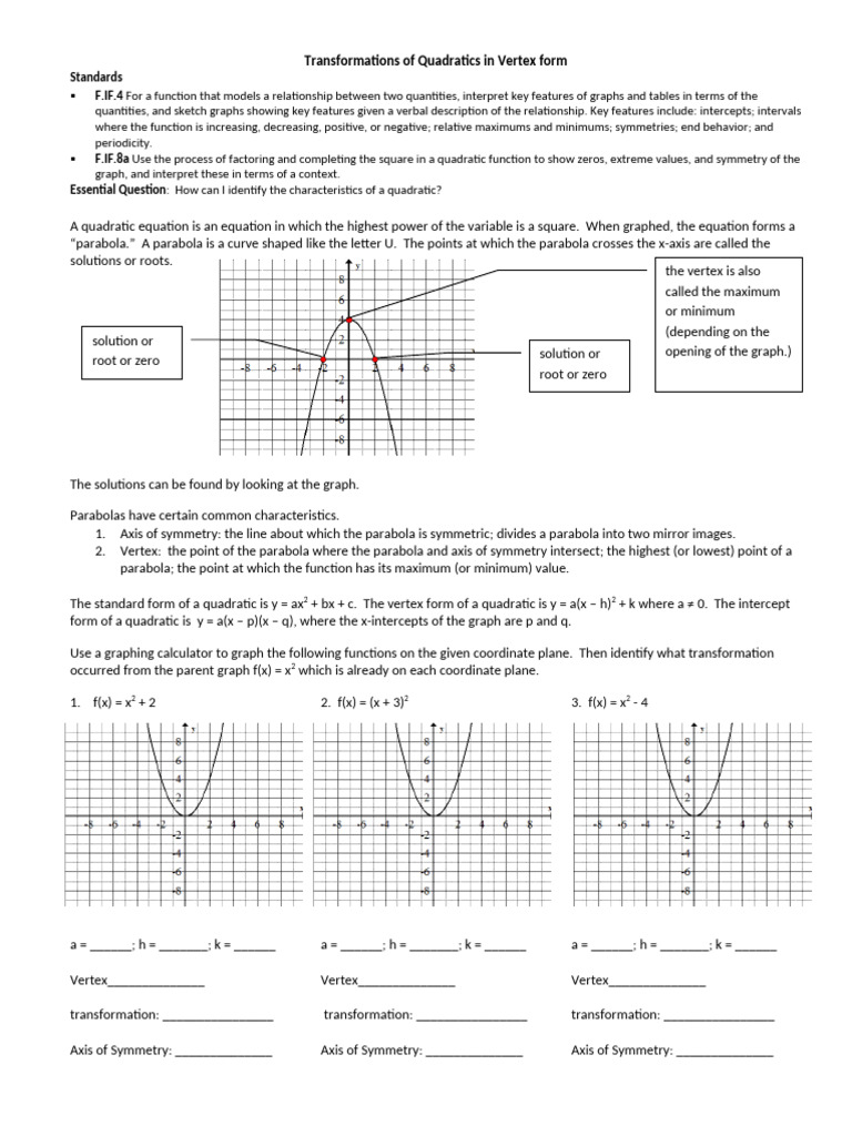 Quadratic Transformations and Vertex Form | PDF | Quadratic Equation ...