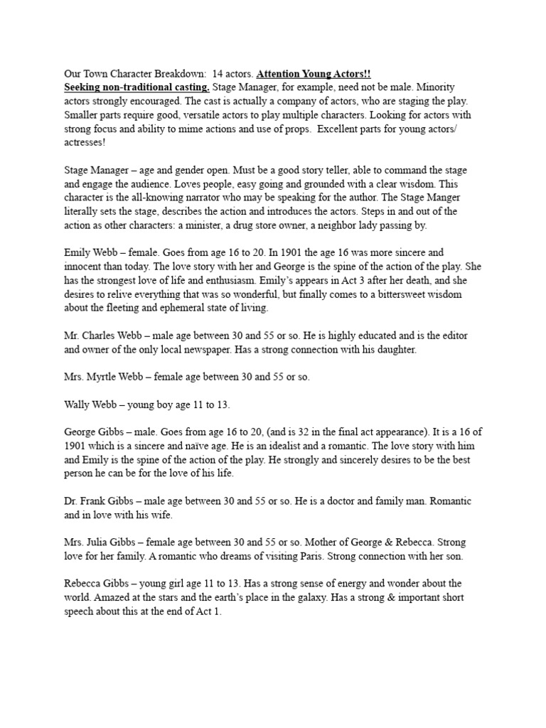 Our Town Character Breakdown | PDF
