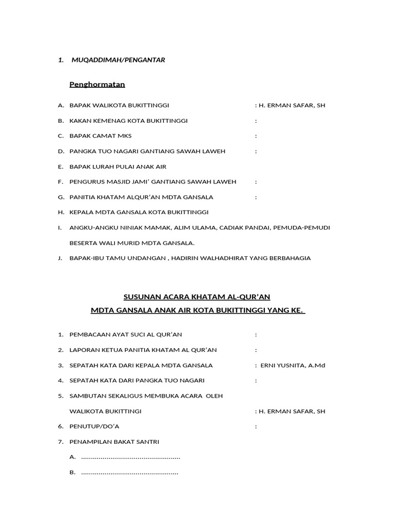 Draft Acara Khatam Alqur'an Gansala | PDF