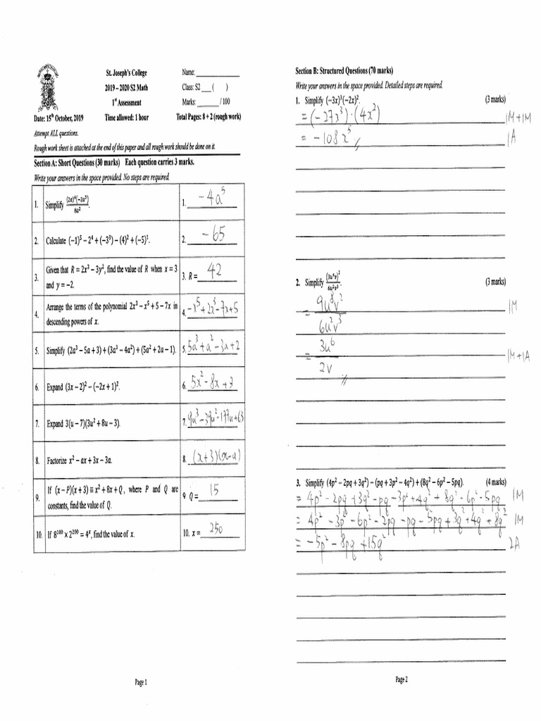 19-20 - S.2 - Math - 1st - Assessment Solution | PDF