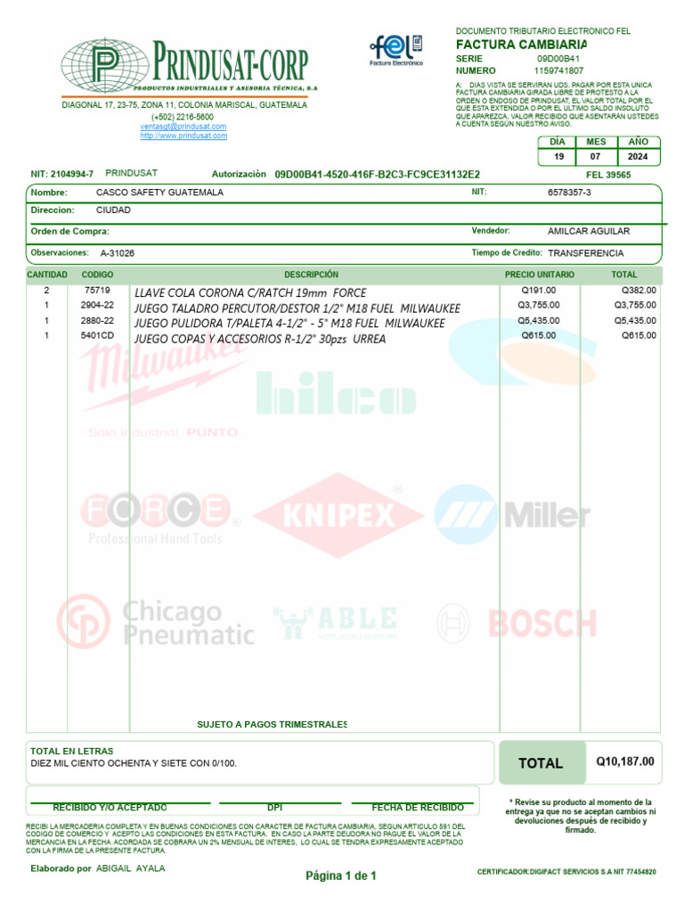 Casco Safety Fel 39565 | PDF | Factura | Documentos empresariales