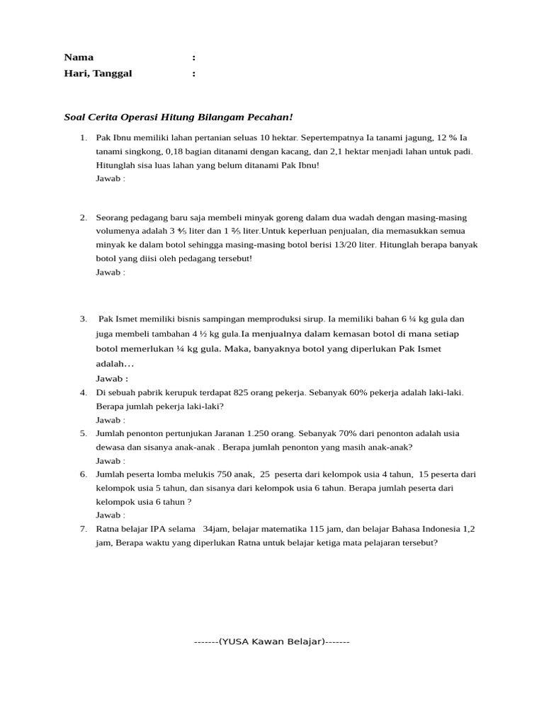 1. MATEMATIKA SOAL CERITA OPERASI HITUNG PECAHAN | PDF