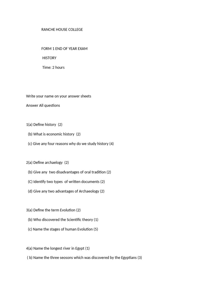 Form 1 History Exam Paper | PDF