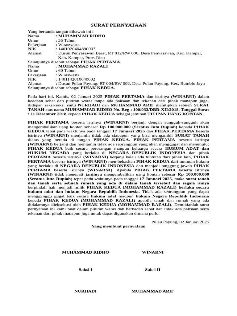 Surat Pernyataan Muhammad Ridho | PDF