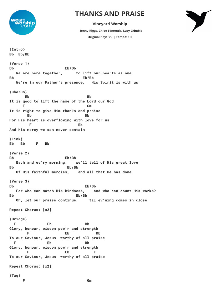 Thanks and Praise Chords in Key of Bb | PDF