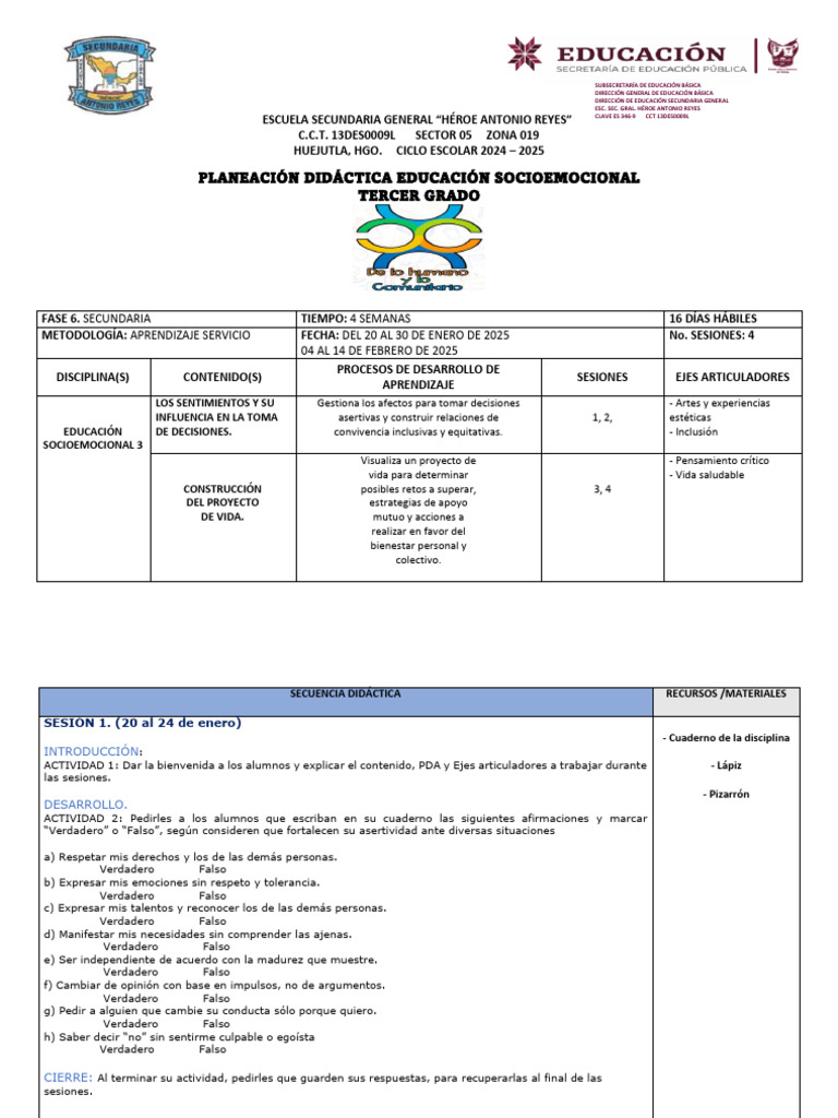 Planeacion Socioemocional 3 (20 Enero Al 14 Febrero) | PDF | Educación ...
