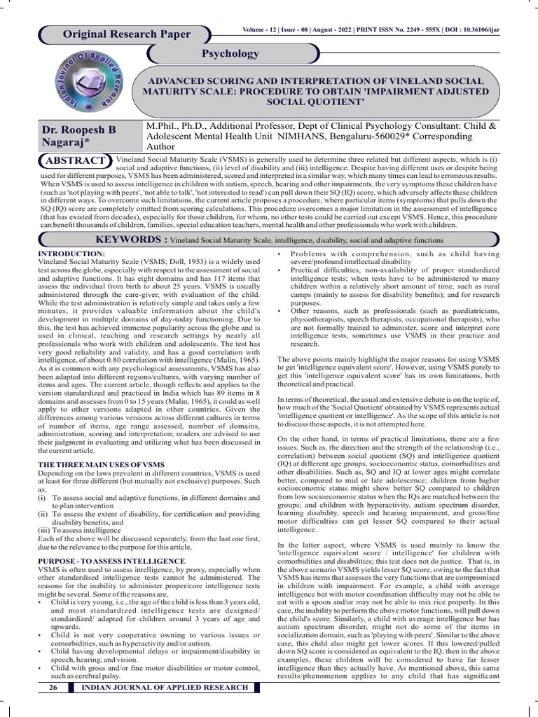 Advanced VSMS Scoring for Impairments | PDF | Wechsler Adult Intelligence Scale | Intelligence ...