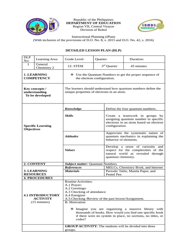 Lesson Plan Gen-Chem2 | PDF | Atomic Orbital | Electron Configuration