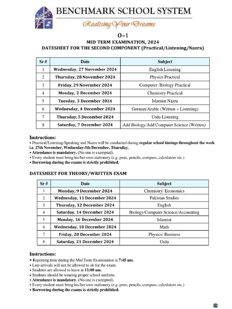 O-1 Level Date Sheet Mid Term | PDF