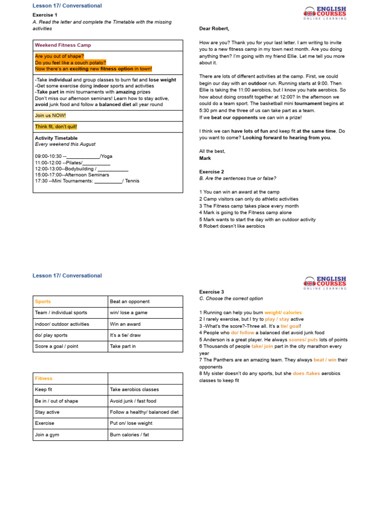 Lesson 17 _ Conversational - Έγγραφα Google | PDF | Physical Fitness ...