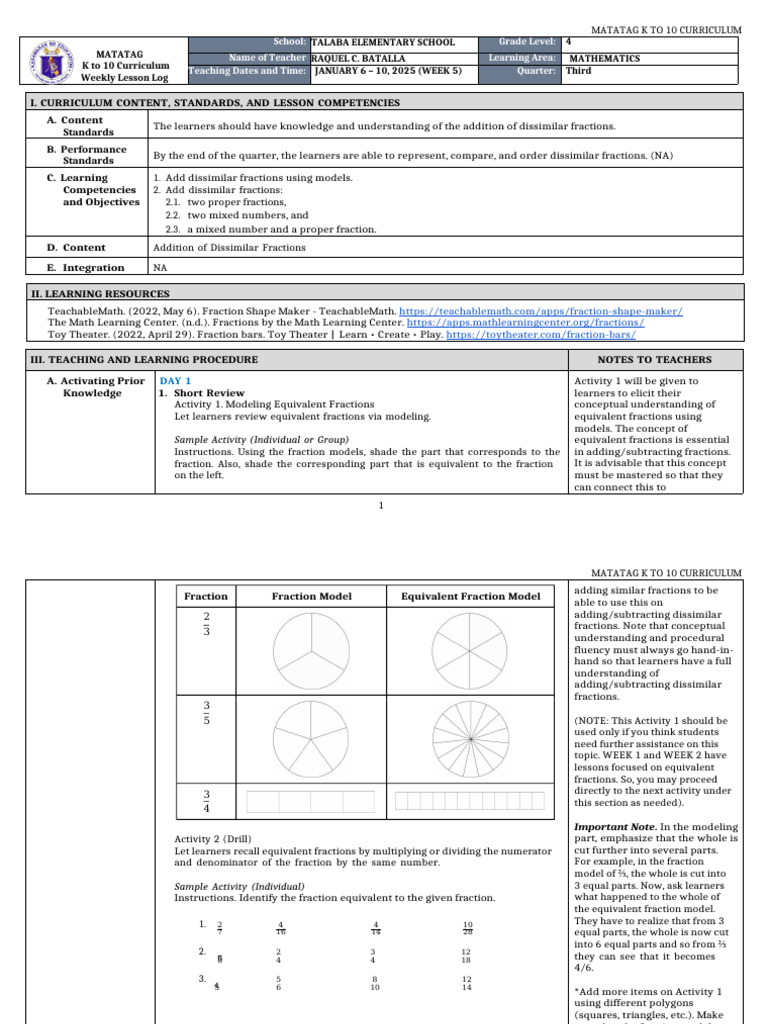 DLL MATATAG _MATH 4 Q3 W5 | PDF | Cognition | Learning