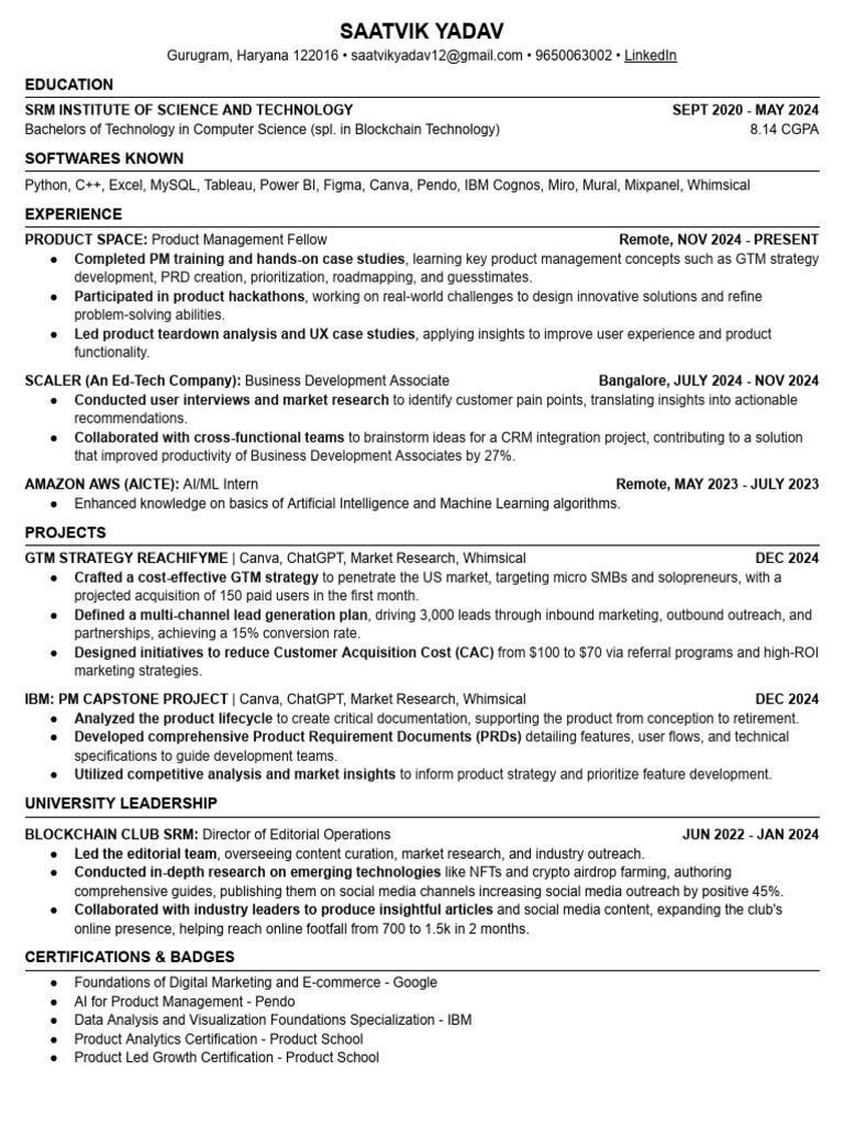 One Page Resume Saatvik | PDF | Artificial Intelligence | Intelligence (AI) & Semantics