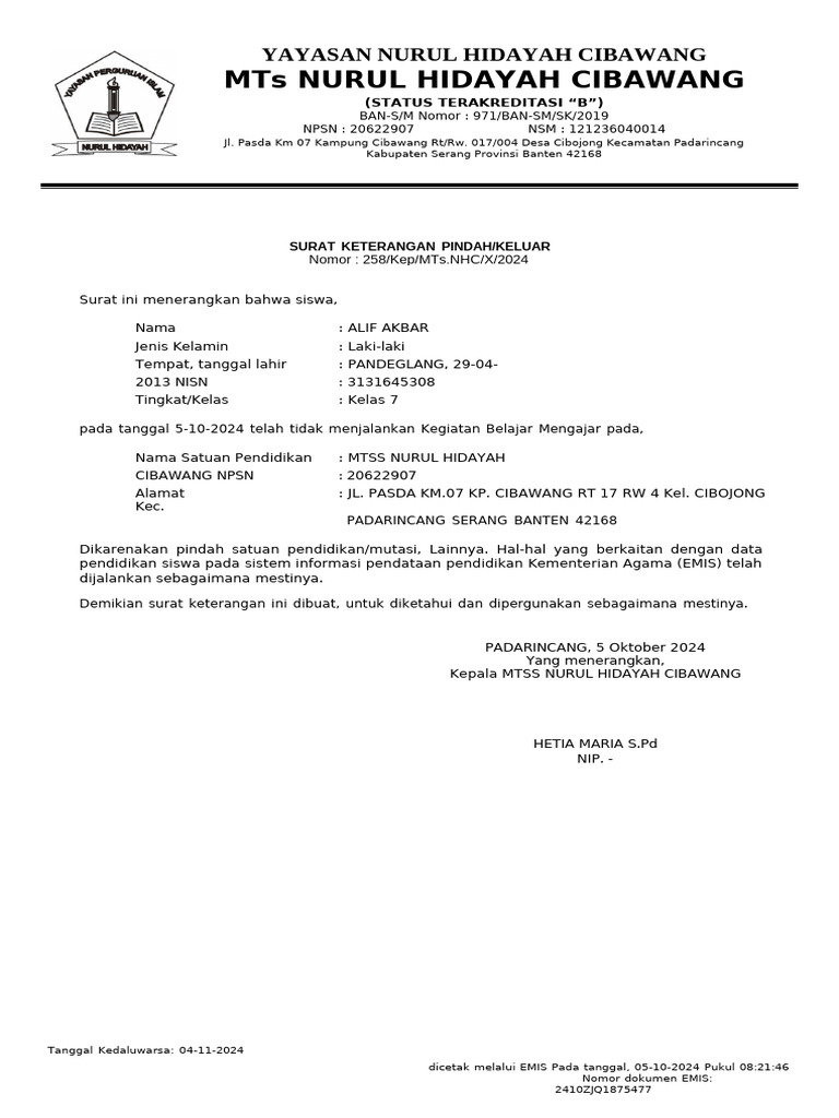 Mutasi Keluar - Surat Keterangan - ALIF AKBAR | PDF