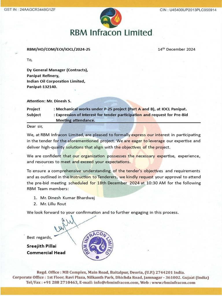 EOI - Letter & Request For Pre-Bid Meeting Attendance | PDF