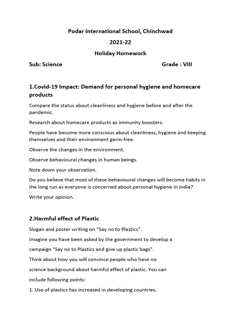 Science Holiday Homework Grade 8 | PDF | Plastic | Environment