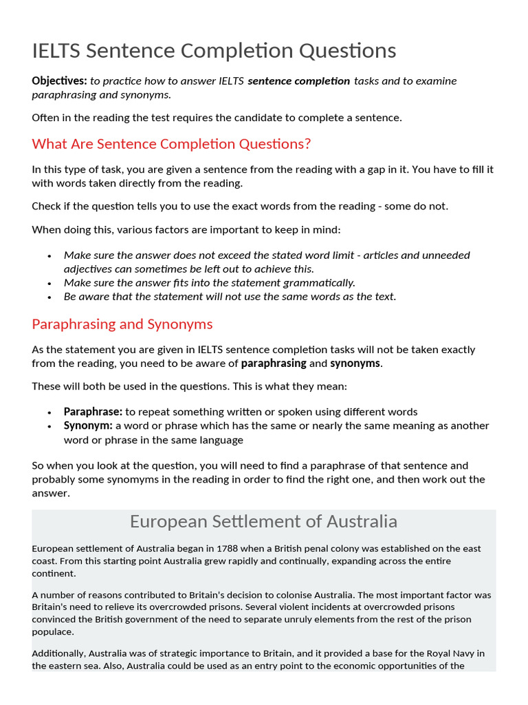 IELTS Sentence Completion | PDF | Australia