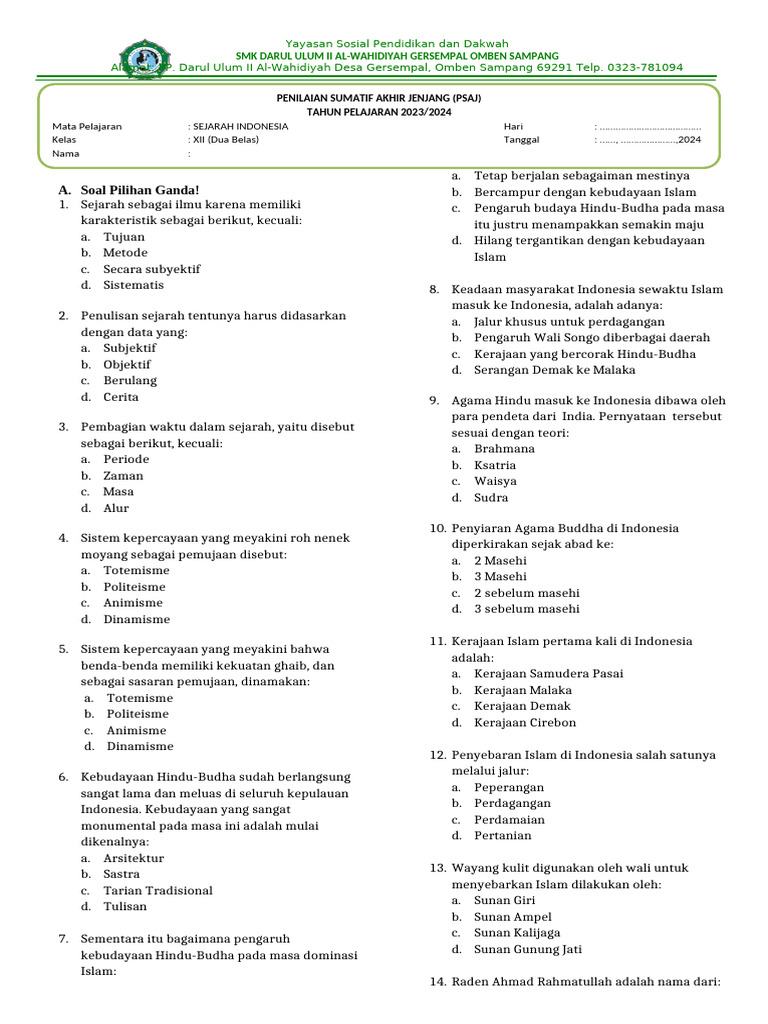 Soal PSAJ Sejarah Indonesia Kelas XII | PDF