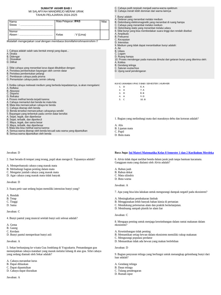 Soal UH IPAS Kls 5 Bab I | PDF
