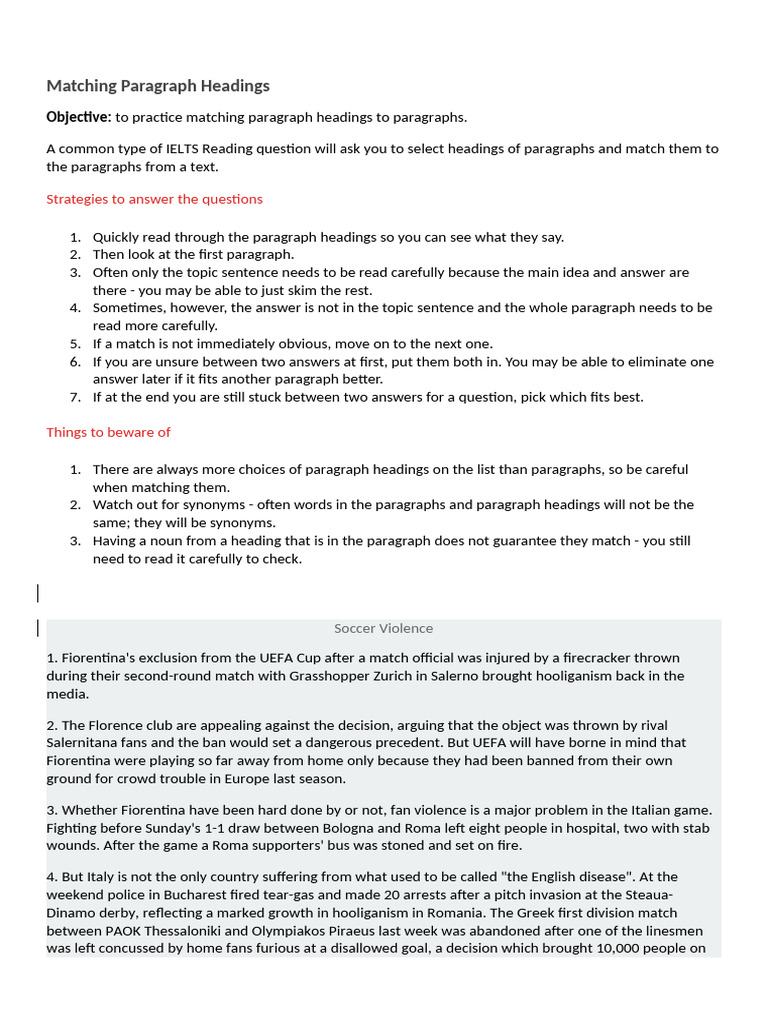 IELTS Matching Paragraph Headings | PDF | Association Football ...
