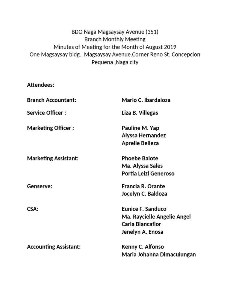BDO Naga Branch August 2019 Meeting | PDF | Deposit Account | Automated ...