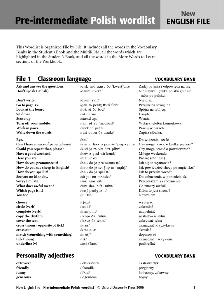 New English File Wordlist Pre Intermediate | PDF