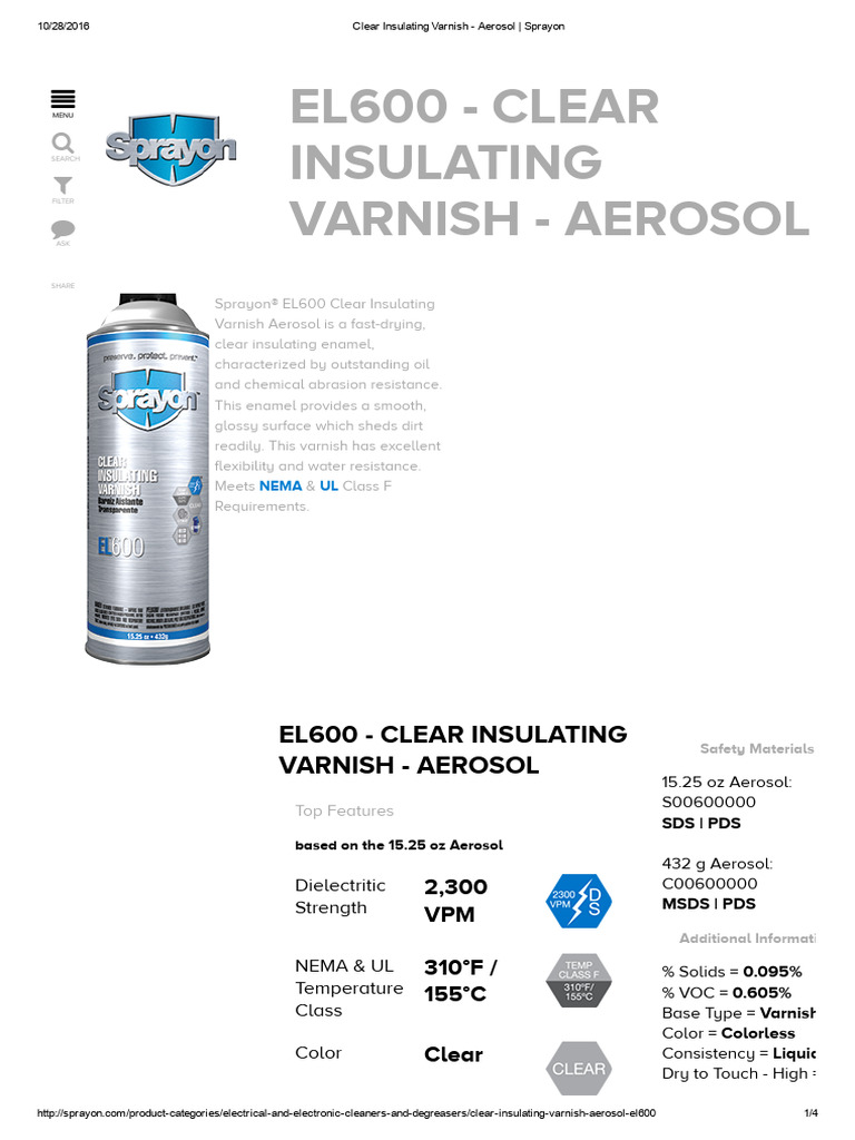 Ficha Tecnica Barniz Sprayon EL 600 | PDF | Varnish | Building Engineering