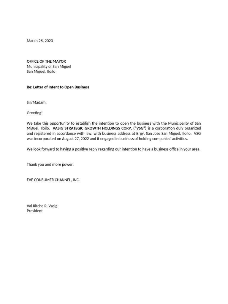 Letter of Intent To Operate Business | PDF