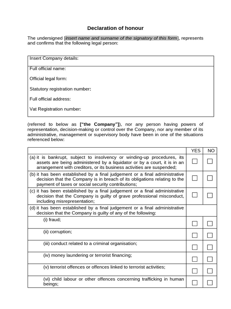 Declaration of Honour 27052022 | PDF | Judgment (Law) | Liquidation