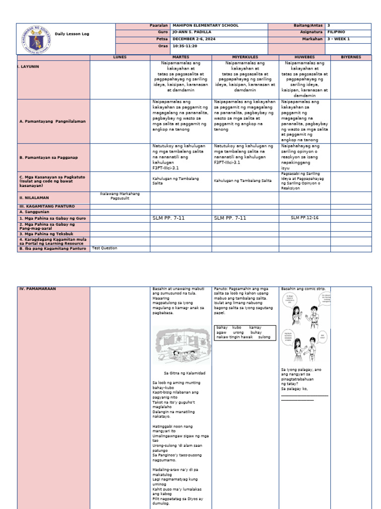 FILIPINO Q3 DLL Grade 3 | PDF