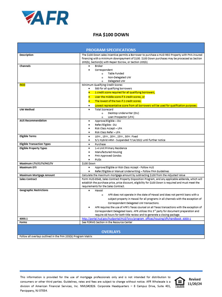 AFR Program-Guidelines FHA-100-Down Wholesale 09092022 | PDF | Federal Housing Administration ...
