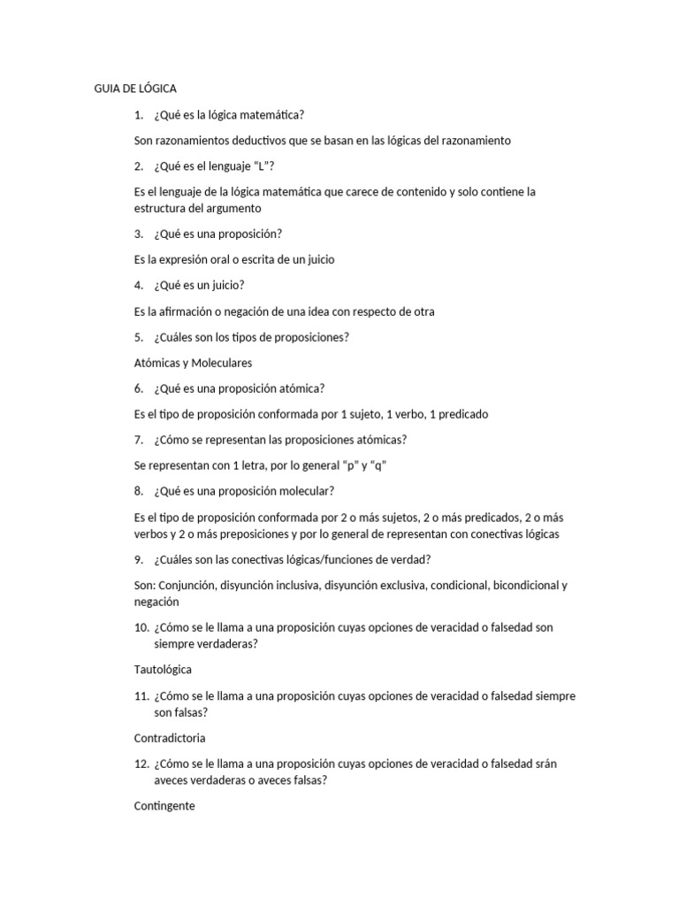Guía de Lógica Matemática Esencial | PDF | Proposición | Lógica