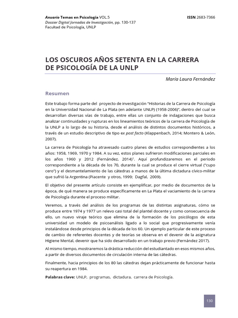 Los Oscuros Años Setenta en La Carrera de Psicología de La Unlp | PDF ...