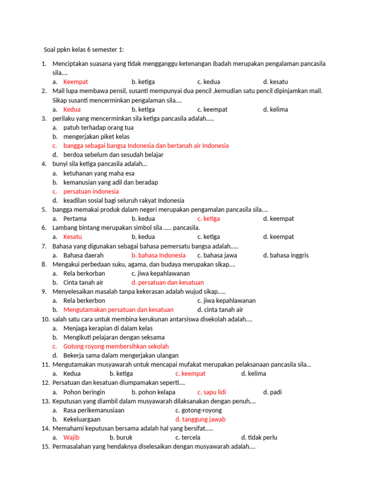 Soal ppkn kelas 6 semester 1 | PDF