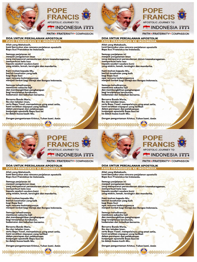 Doa Perjalanan Apostolik Bapa Paus ke Indonesia 2024 | PDF