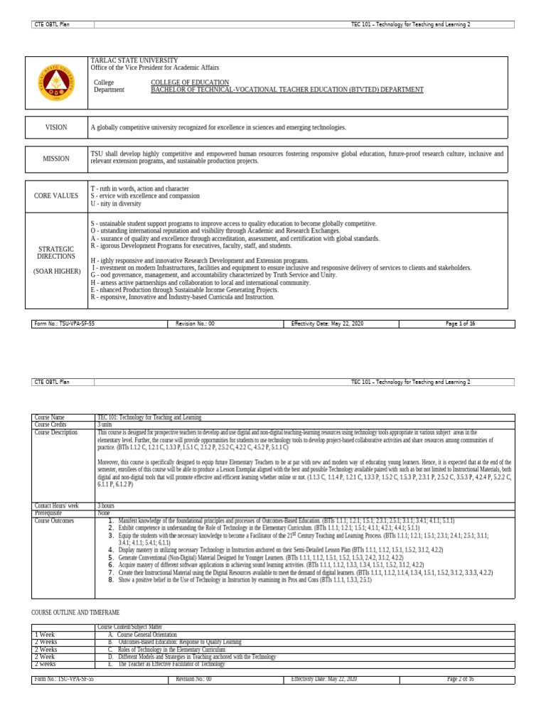 TEC 101 - Technology For Teaching and Learning 2 1 | PDF | Learning | Lesson Plan
