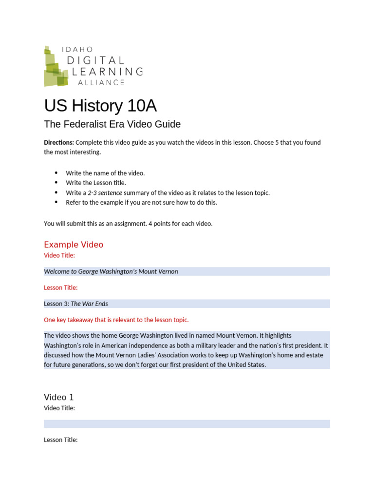 US History 10A: The Federalist Era Video Guide | PDF