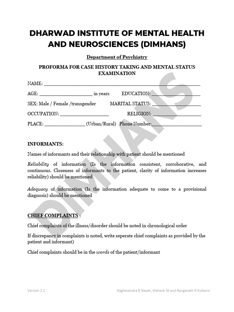 DIMHANS History Taking Proforma | PDF | Mental Disorder | Psychiatry