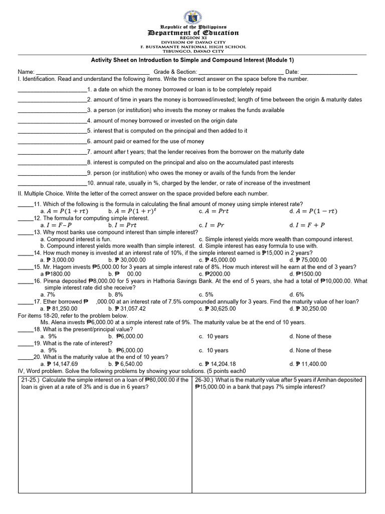 Activity Sheet On Introduction To Simple and Compound Interest Module 1 | PDF | Interest ...
