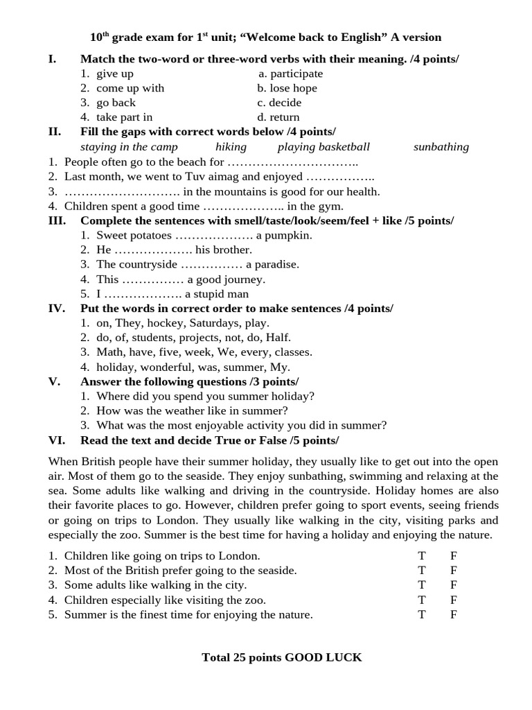10th Grade Unit 1 Test | PDF
