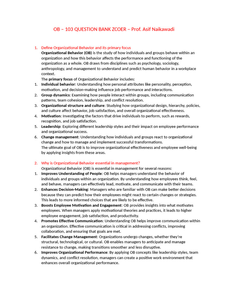 OB Qustion and answer | PDF | Motivational | Motivation