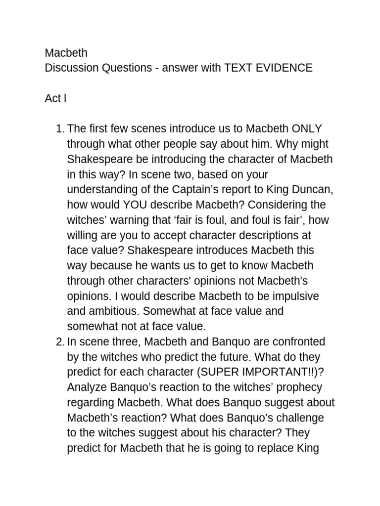 Macbeth: Act 1 Discussion Guide | PDF | Macbeth | Shakespearean Tragedies