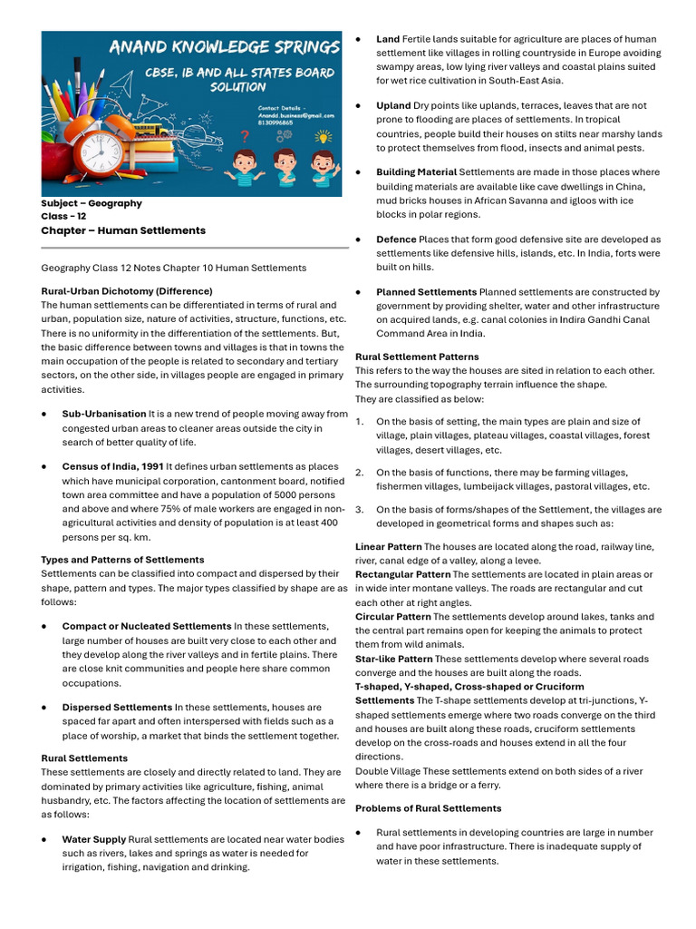 Human Settlements Revision Notes Class 12 Pdf Slum