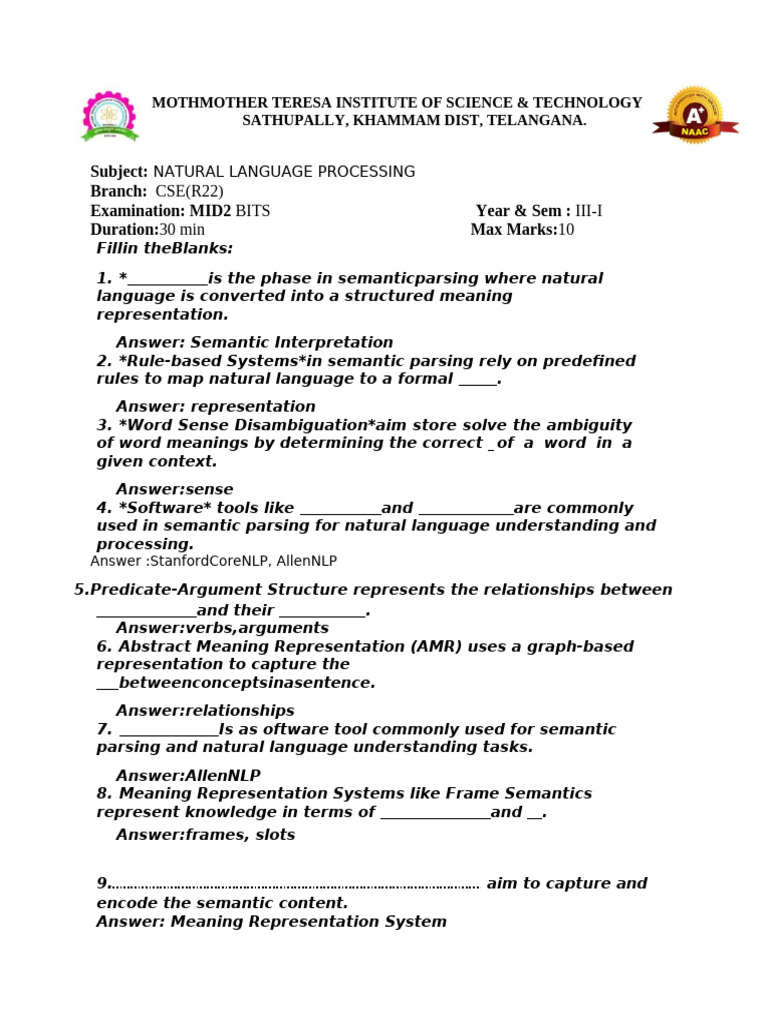 MID 2 NLP Fillin theBlanks | PDF | Semantics | Parsing