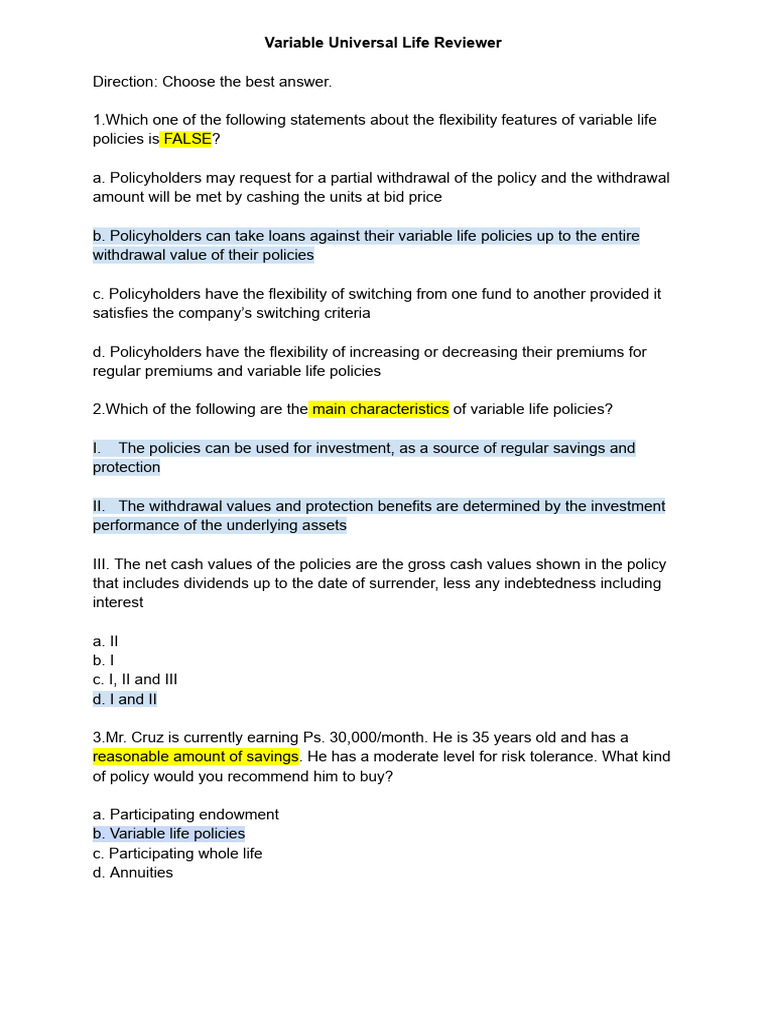 ABCDE - Variable Universal Life Reviewer | PDF | Life Insurance ...