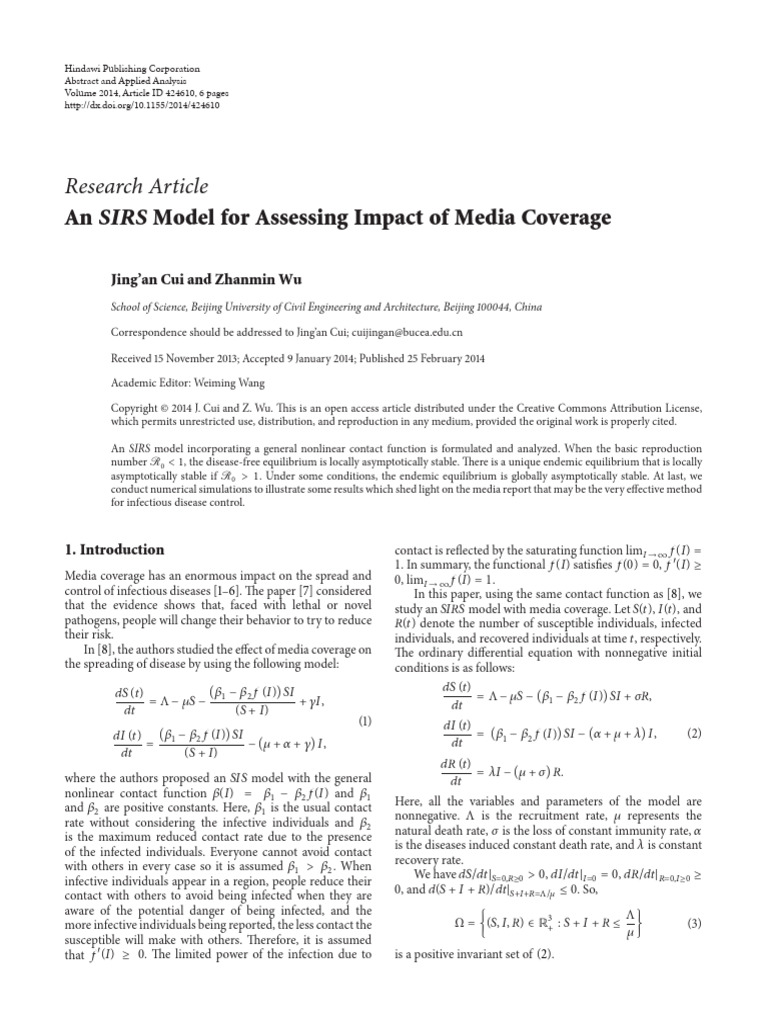 An SIRS Model For Assessing Impact of Media Coverage | PDF | Stability ...
