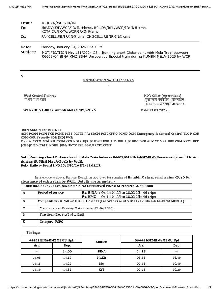 Running short Distance kumbh Mela Train between 06603-04 BINA-KMZ-BINA Unreserved Special | PDF ...
